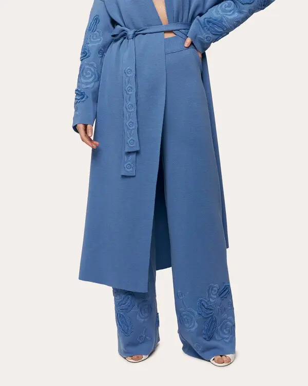 ANNABO Rose Embroidered Wool Wide-leg Pants