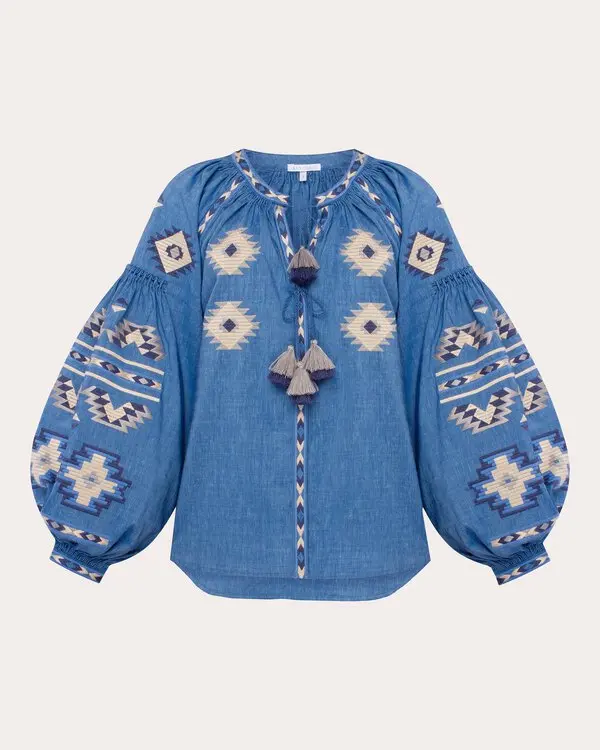 ANNABO Rombé Geometric Embroidered Linen Blouse