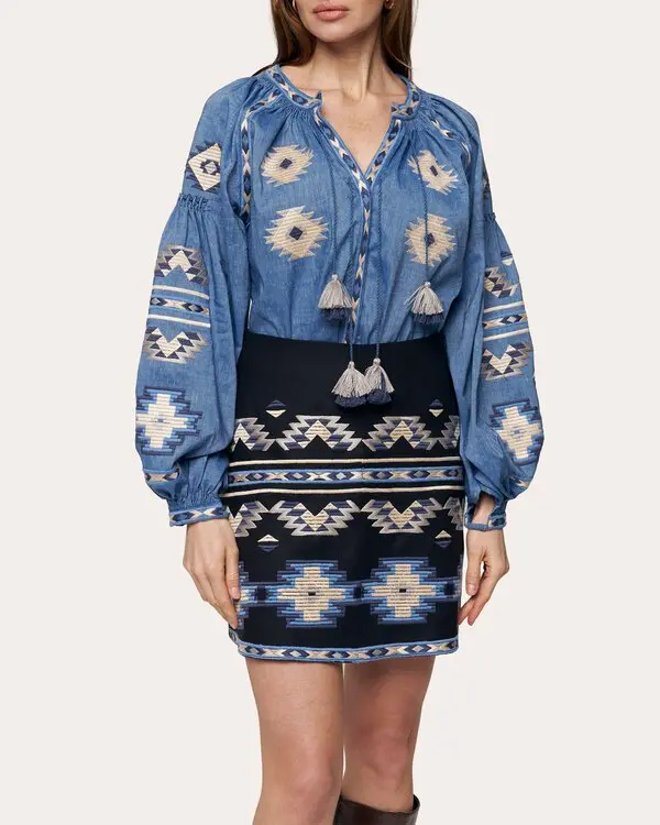 ANNABO Rombé Geometric Embroidered Linen Blouse