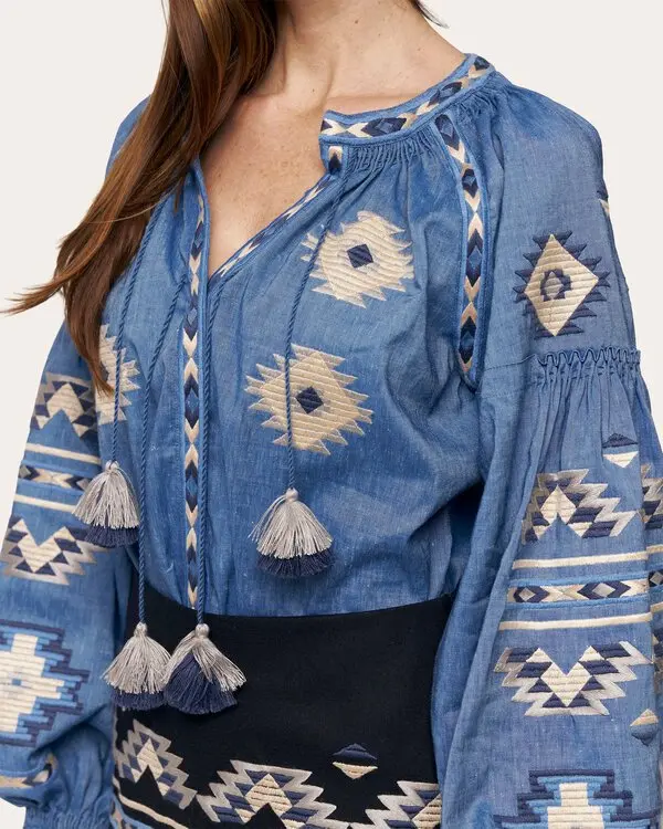 ANNABO Rombé Geometric Embroidered Linen Blouse