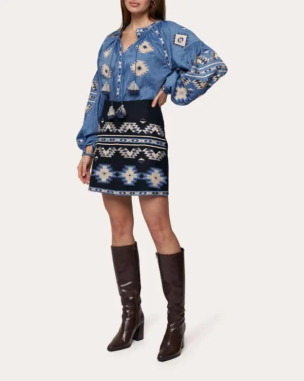 ANNABO Rombé Geometric Embroidered Linen Blouse