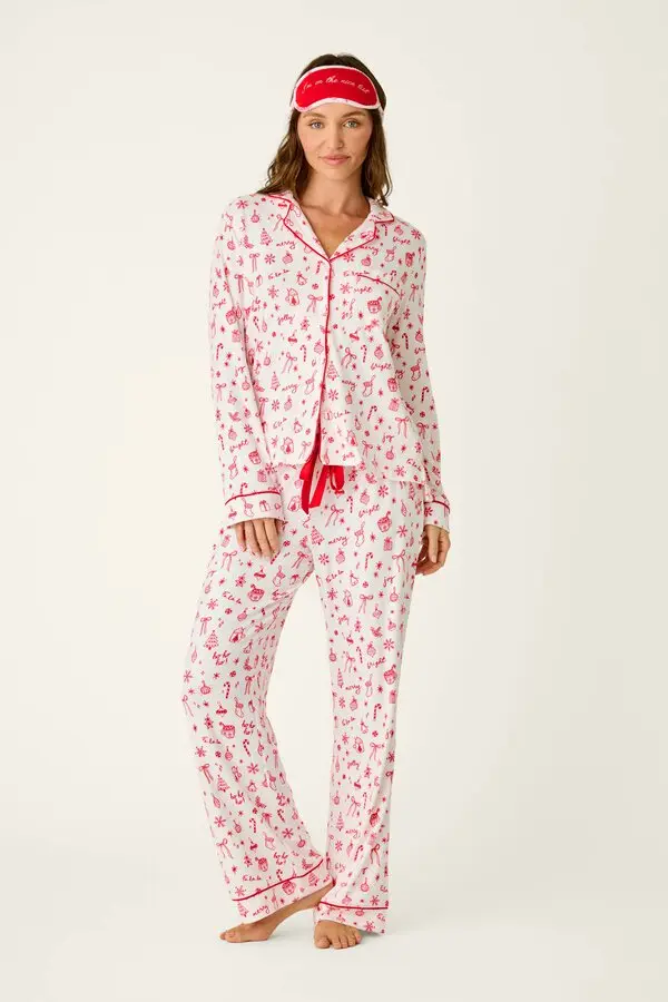 PJ Salvage Personalized Femme De Noel Holiday Print 3-piece Pajama Set - Ivory