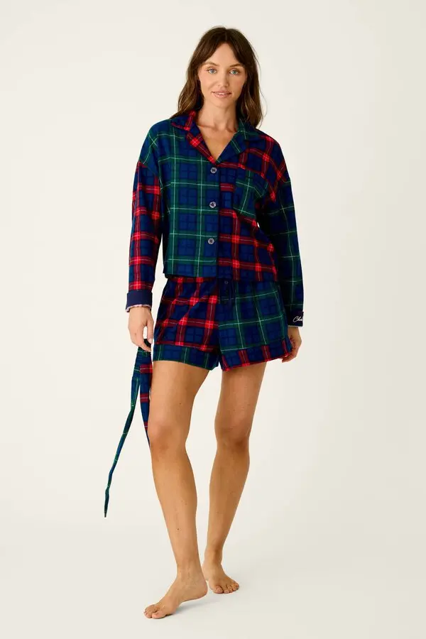 PJ Salvage Personalized Check Mate Plaid Flannel 3-piece Short Pajama Set
