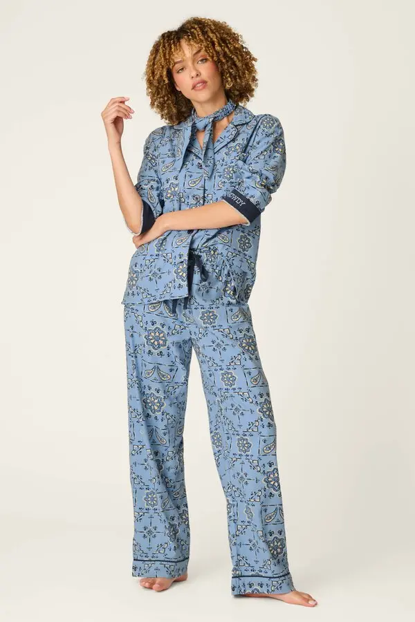 PJ Salvage Super-soft Cotton Personalized Classic Paisley Bandana Print 3-piece Long Sleeve Flannel Pajama Set - Soft Chambray