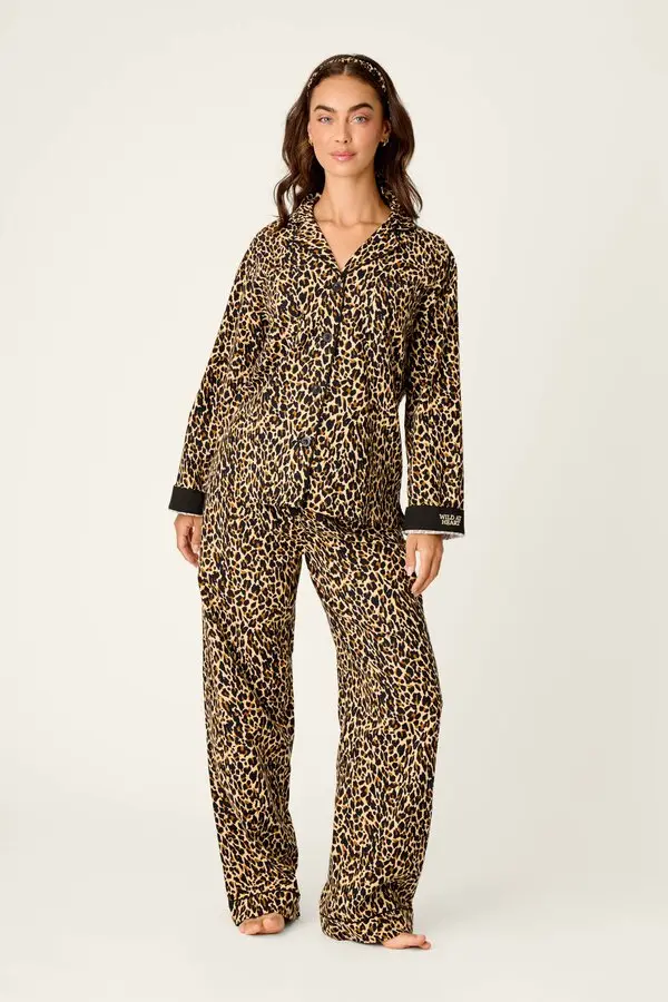 PJ Salvage Personalized Wild At Heart Leopard Print 3-piece Flannel Pajama Set - Beige