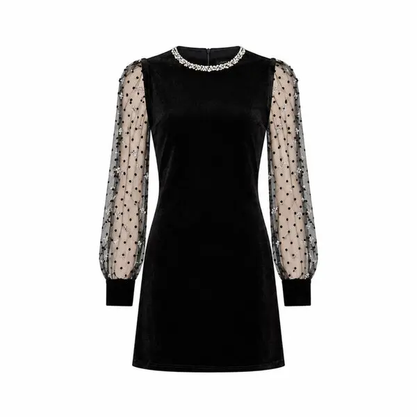 YUMI Velvet Bow Tunic With Embellished Neck - Black