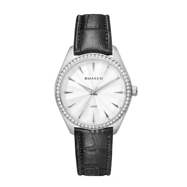 MAXUM Sydney Silver Crystal Bezel Leather - Black