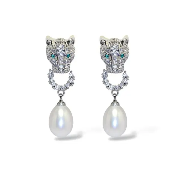 NINEMOO Leopard Pearl Stud Earrings - Silver