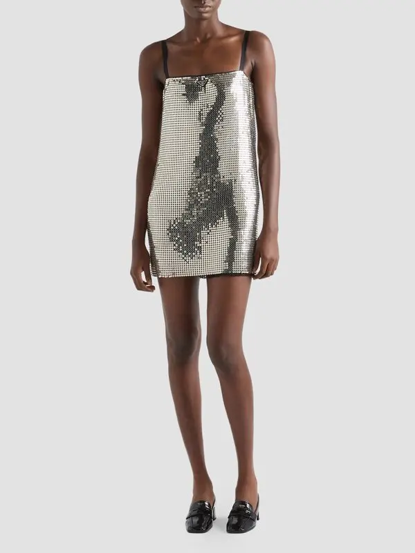 Prada Embroidered Metallic Mesh Mini-dress