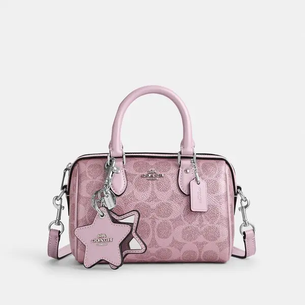 COACH OUTLET Boxed Mini Rowan Crossbody Bag And Mirror Bag Charm Set In Signature Canvas - Silver/pink