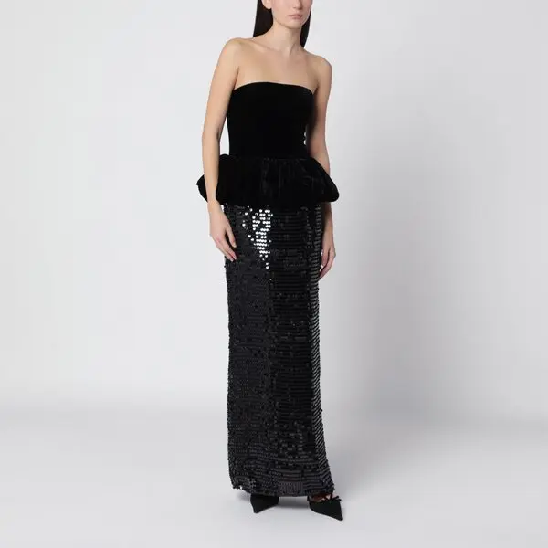 ROTATE BY BIRGER CHRISTENSEN Sequin Long Dress With Fitted Velvet Bodice And Strapless Peplum Detail - Black