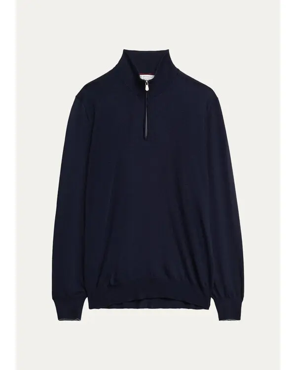 Brunello Cucinelli Wool-cashmere Half Zip Pullover Sweater - Navy