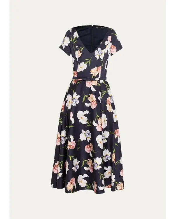 Oscar De La Renta Short-sleeve Painted Iris Cotton Belted Midi Dress - Navy Multi
