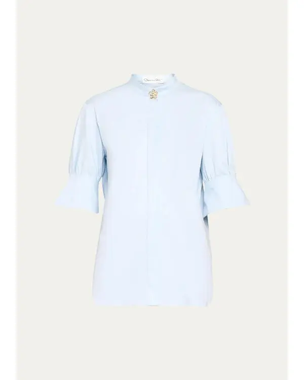 Oscar De La Renta Short-sleeve Cotton Poplin Button-down Shirt - Light Blue