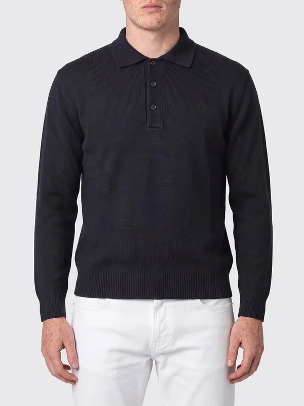 PAOLO PECORA Long-sleeved Wool Knit Polo Shirt With Three-button Placket - Navy