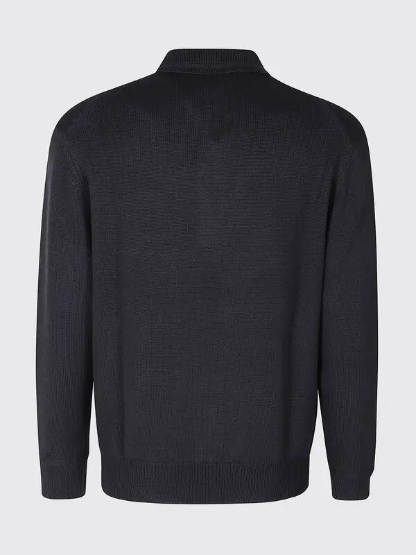 PAOLO PECORA Long-sleeved Wool Knit Polo Shirt With Three-button Placket - Navy