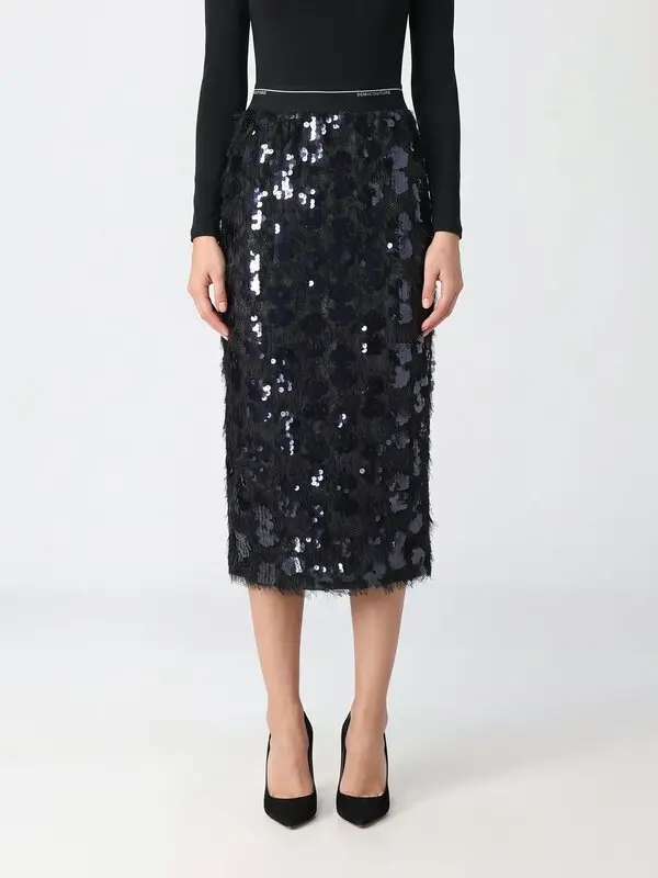 SEMICOUTURE Embellished Pencil Midi Skirt With Sequins And Fringes - Blue