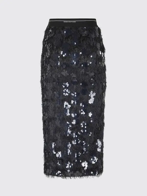 SEMICOUTURE Embellished Pencil Midi Skirt With Sequins And Fringes - Blue