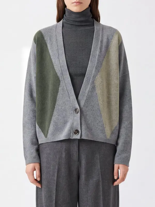 ALYSI Relaxed Fit Argyle Wool Blend Cardigan With V-neck - Multicolor