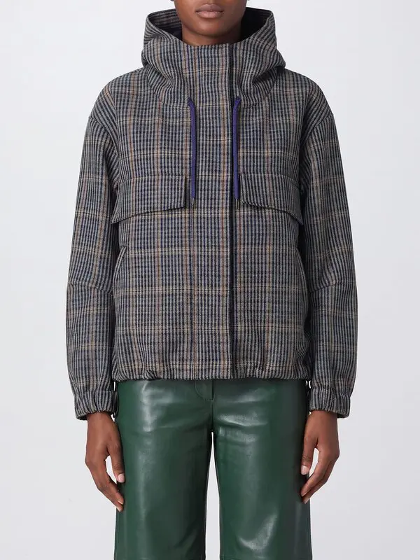 TELA Short Tartan Wool Blend Windbreaker Jacket With Hood - Blue