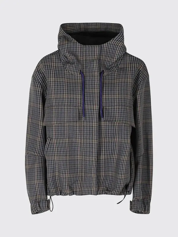 TELA Short Tartan Wool Blend Windbreaker Jacket With Hood