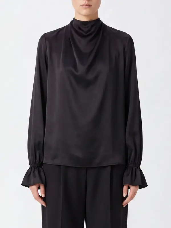 Raquel Diniz High-neck Long-sleeved Satin Blouse With V-neck - Black