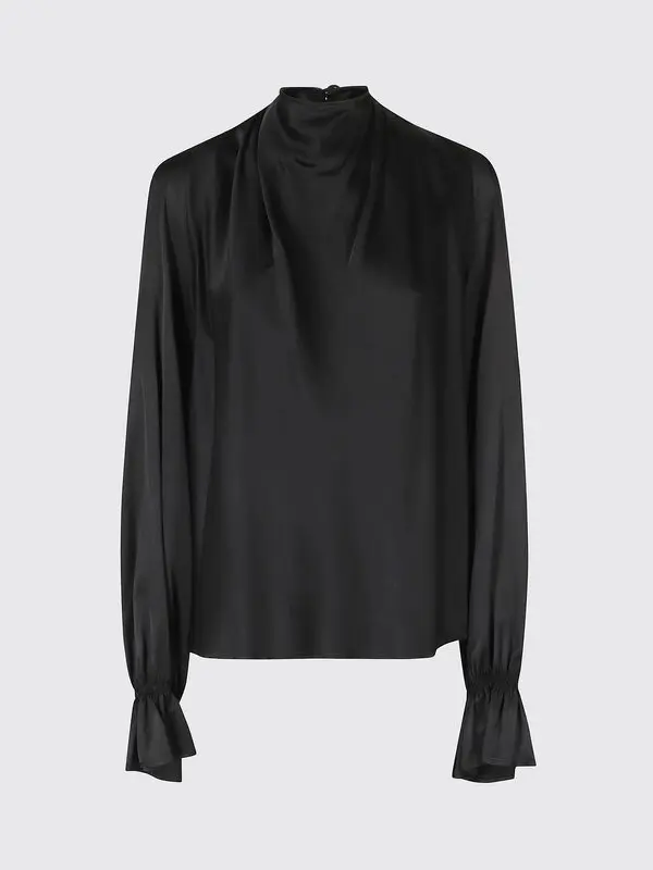 Raquel Diniz High-neck Long-sleeved Satin Blouse With V-neck - Black