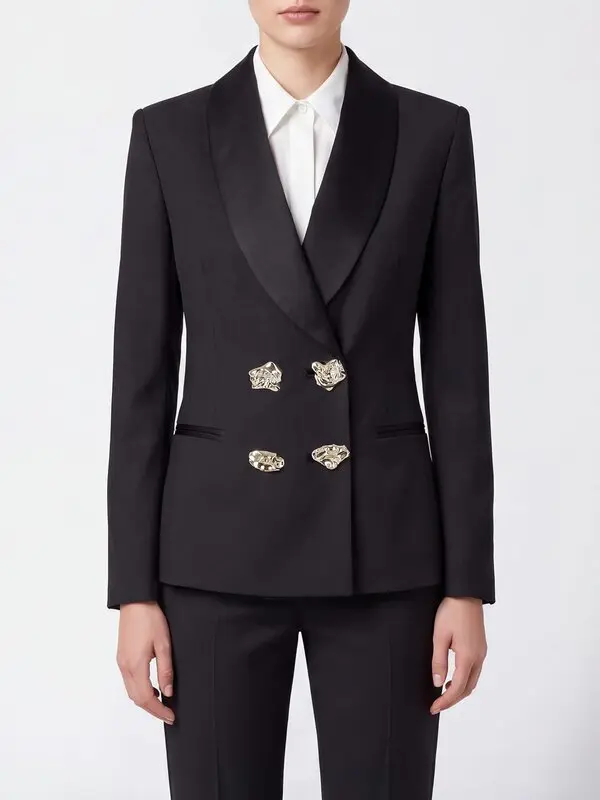 Raquel Diniz Double-breasted Wool Blazer With Satin Shawl Collar And Jewelled Buttons