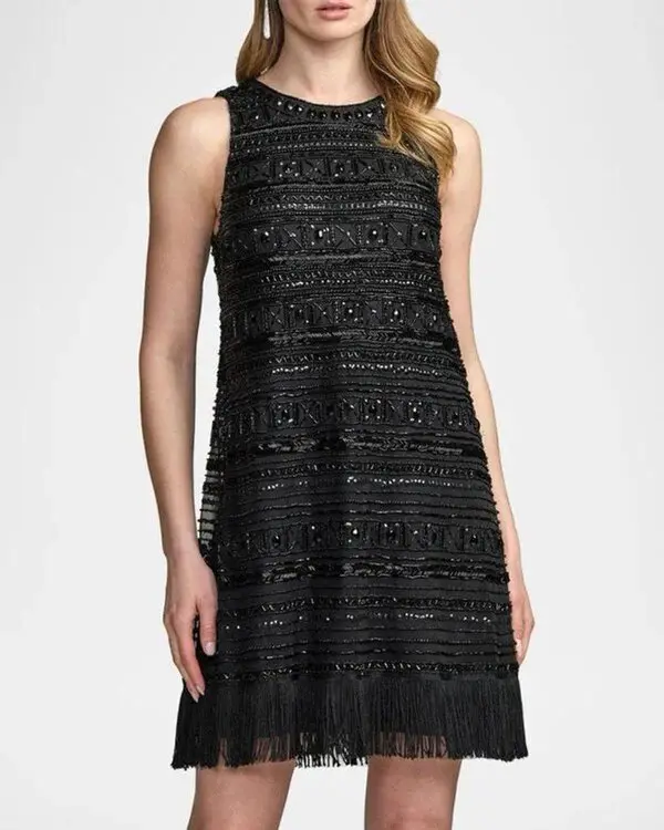 Mac Duggal Beaded Fringe-hem Mini Shift Dress