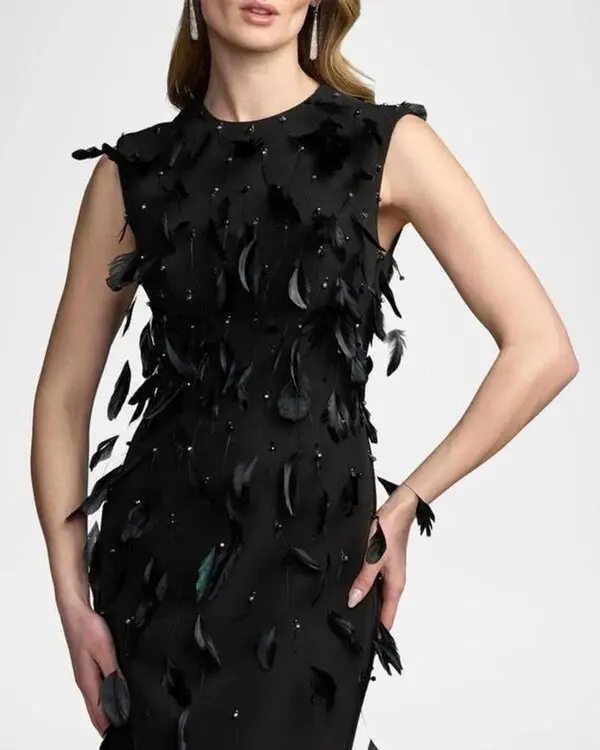 Mac Duggal Crystal & Feather Crepe Column Gown