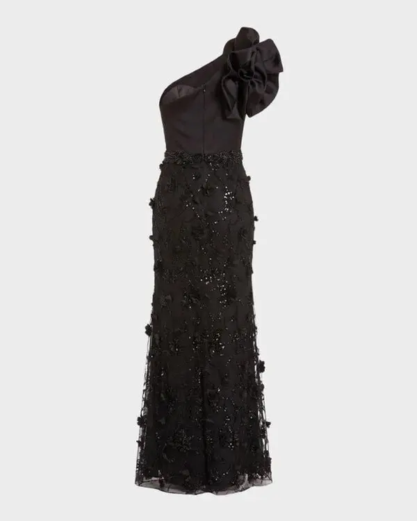 Mac Duggal Beaded One-shoulder Ruffle Gown