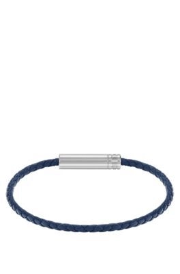BOSS Braided Blue Leather Cuff With Logo Plaque