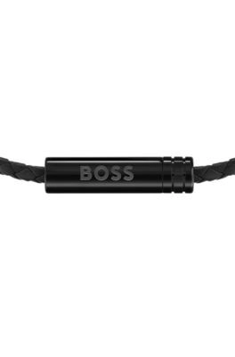 BOSS Braided Black Leather Cuff With Logo Plaque