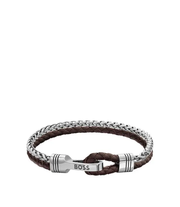 BOSS Braided Cuff In Brown Leather And Stainless Steel