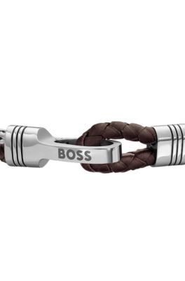 BOSS Braided Cuff In Brown Leather And Stainless Steel