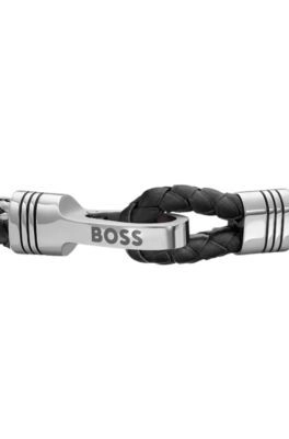 BOSS Braided Cuff In Black Leather And Stainless Steel