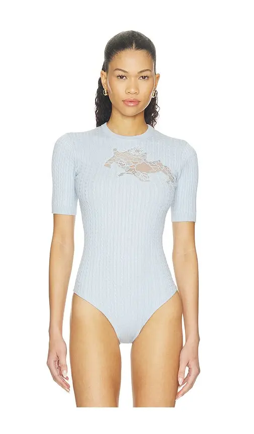 FLEUR DU MAL Lace Guipure Knit Bodysuit In Baby Blue