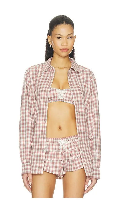 For Love & Lemons Poppy Gingham Button Down Top - Brown