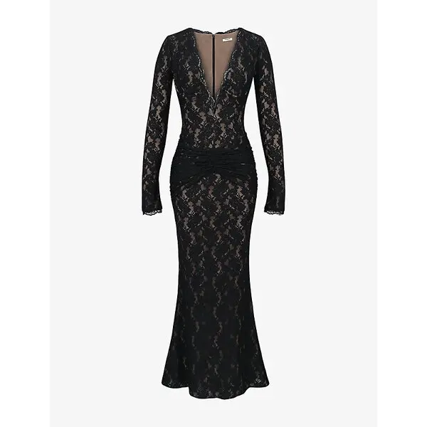 House Of Cb Nylah Plunge-neck Corded-lace Maxi Dress - Midnight