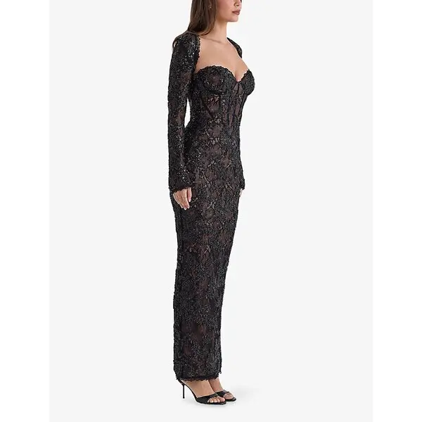 House Of Cb Lucelle Bead-embellished Lace Maxi Dress - Black