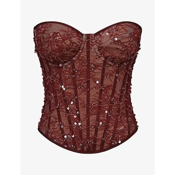 House Of Cb Suri Bead-embellished Strapless Corset Top - Cabernet