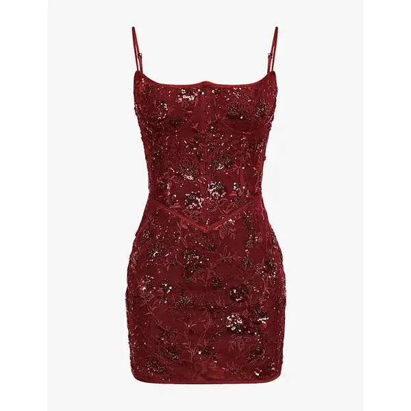 House Of Cb Naima Hand-beaded Embellished Mesh Mini Dress - Cabernet