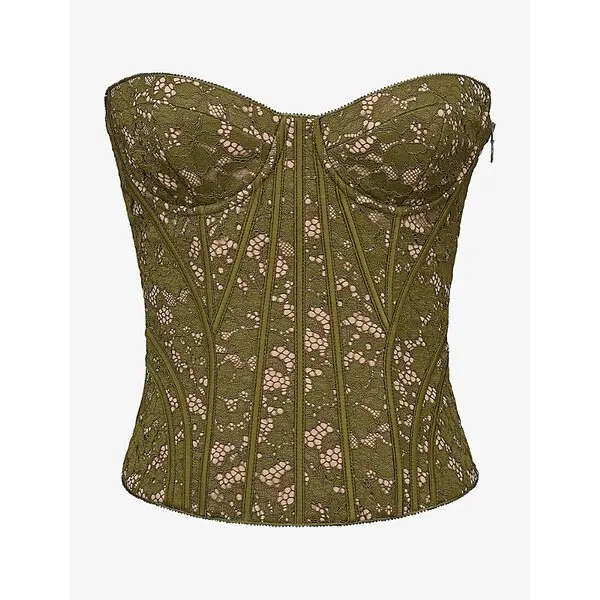 House Of Cb Solaine Sweetheart-neck Lace Corded-corset Top - Olive