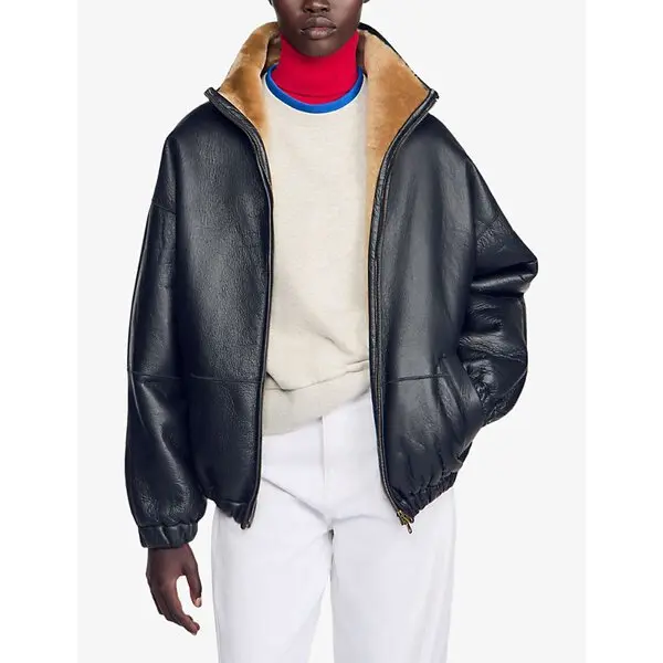 Sandro Oversized Shearling-lined Leather Jacket