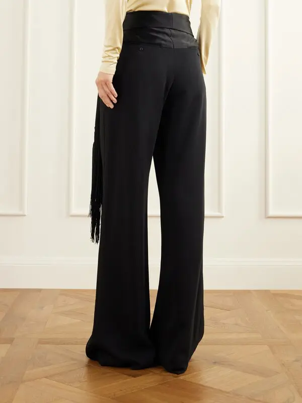 KALLMEYER Lyle Belted Fringed Satin-trimmed Cady Wide-leg Pants