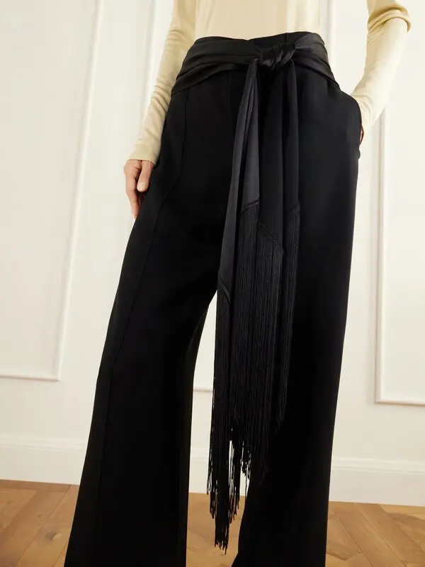 KALLMEYER Lyle Belted Fringed Satin-trimmed Cady Wide-leg Pants