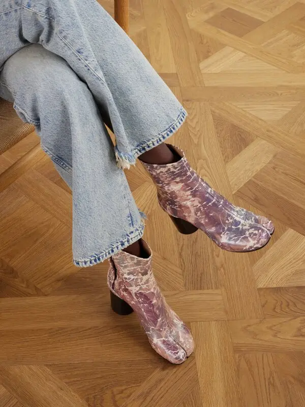 MAISON MARGIELA Tabi Split-toe Distressed Printed Paper-coated Leather Ankle Boots