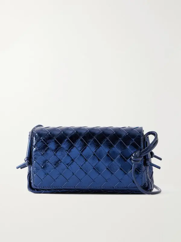 Bottega Veneta Notturno Intrecciato Metallic Leather Shoulder Bag - Blue