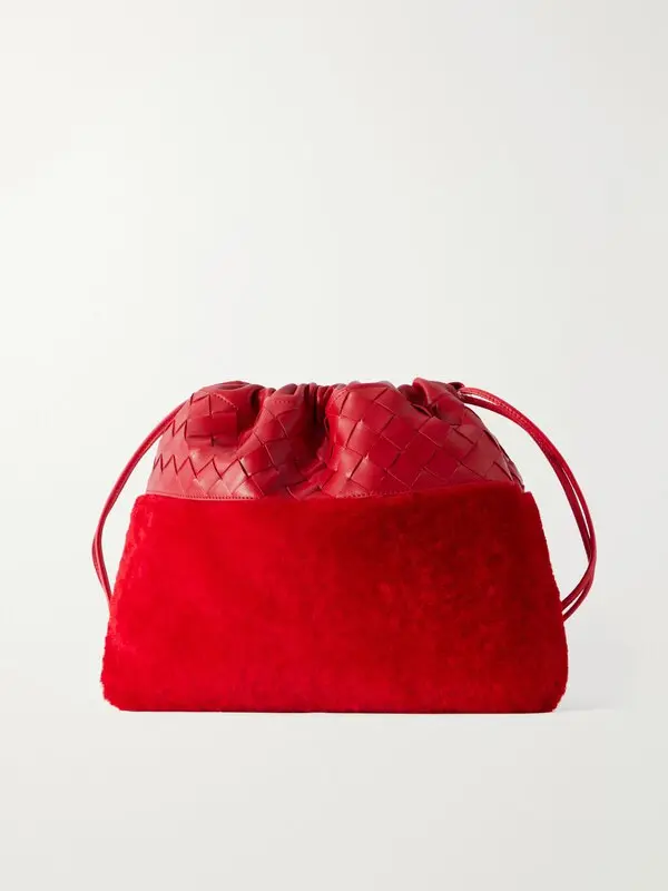 Bottega Veneta Dustbag Intrecciato Leather-trimmed Shearling Clutch
