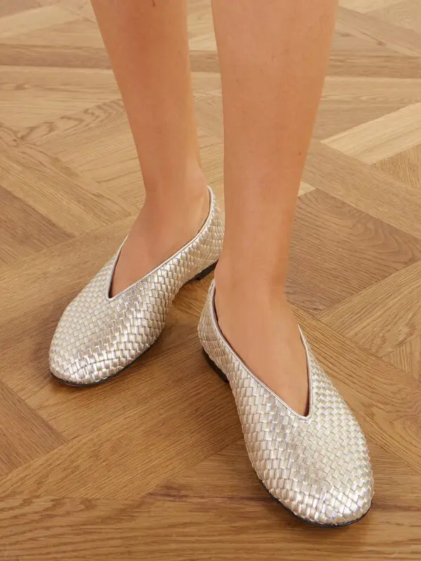 Bottega Veneta Rosa Intrecciato Metallic-leather Ballet Flats